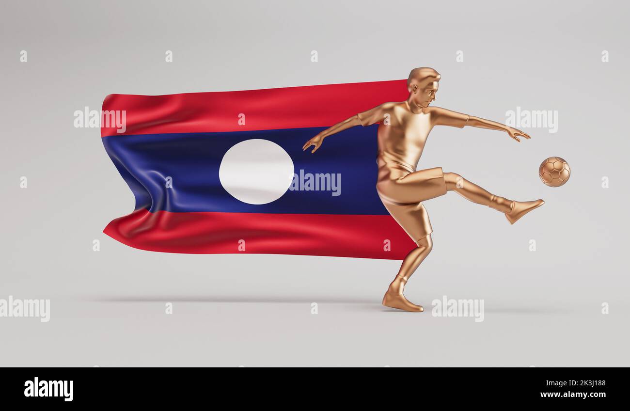 Golden soccer football player kicking a ball with laos waving flag. 3D ...