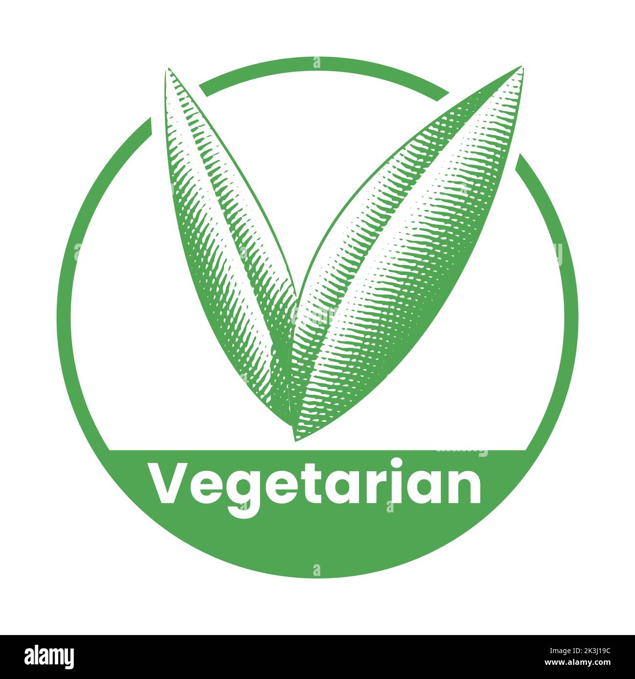 Vegetarian Round Icon with Engraved Green Leaves isolated on a White ...