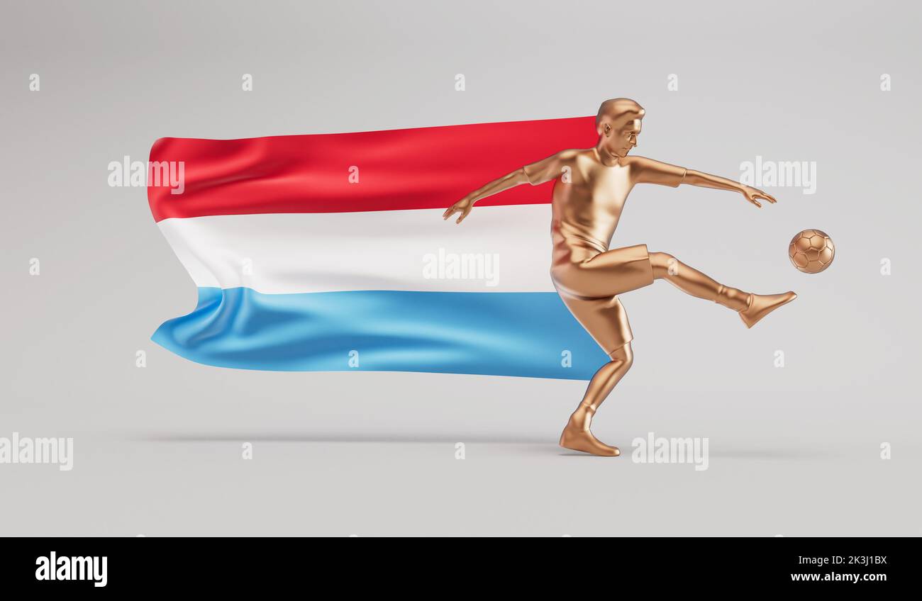 Golden soccer football player kicking a ball with luxembourg waving ...