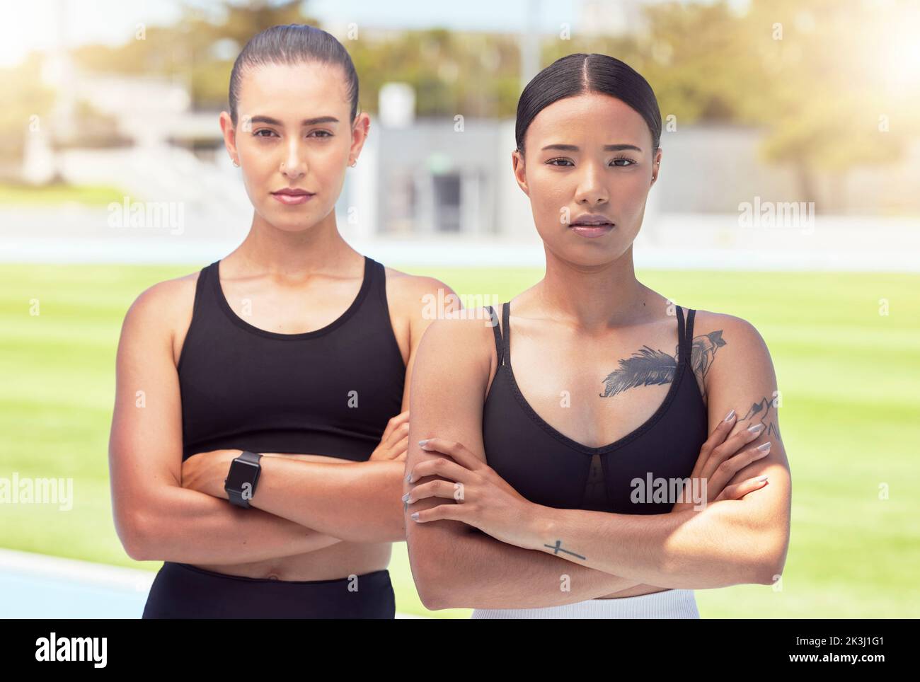 Women, athlete and focus at training ground or running club together ...