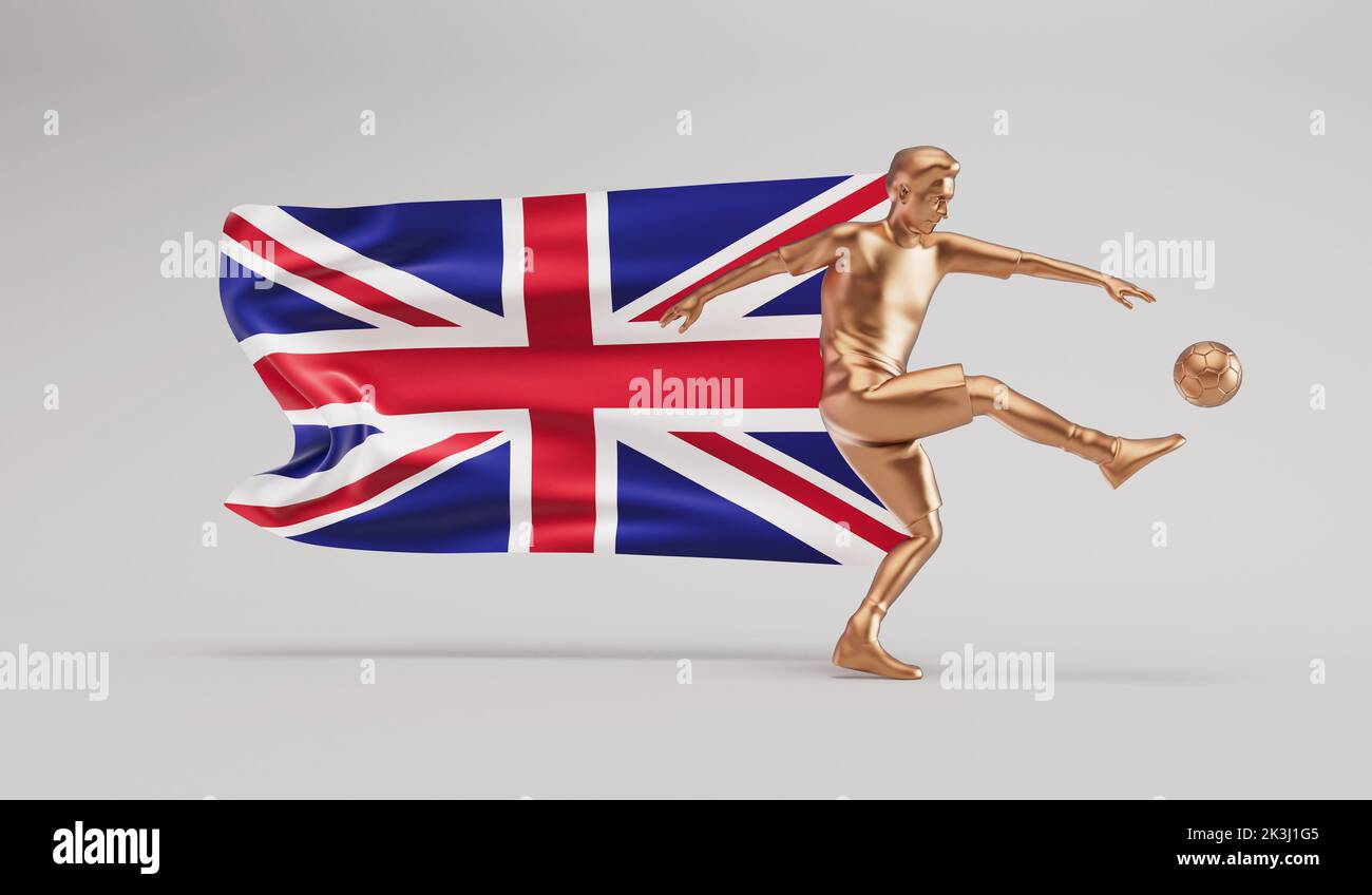 Golden soccer football player kicking a ball with united kingdom waving ...
