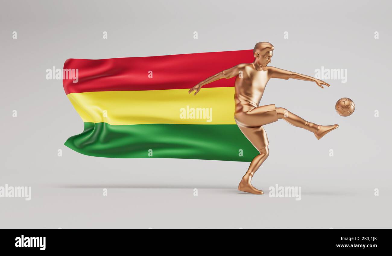 Golden soccer football player kicking a ball with bolivia waving flag ...
