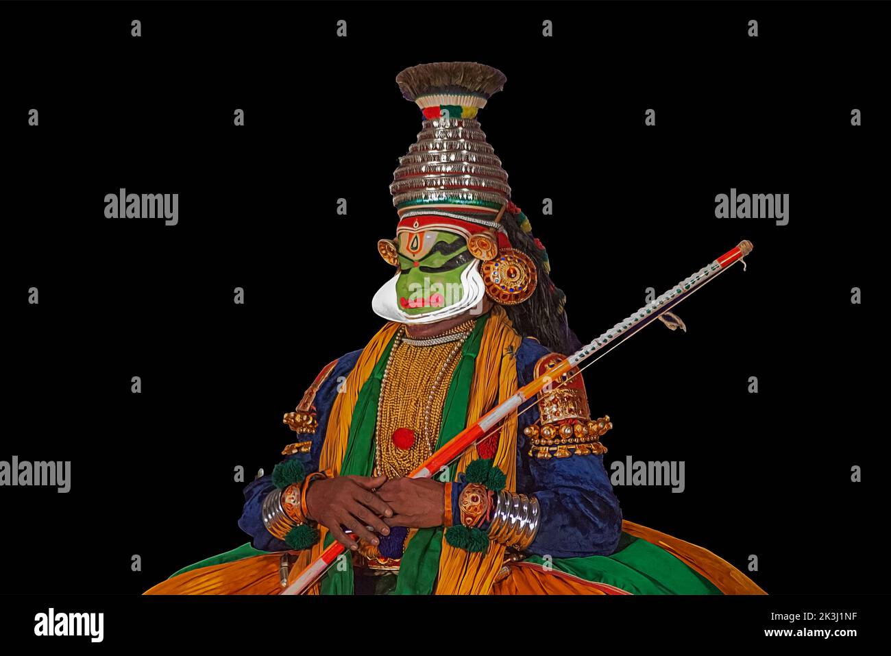 The portrait of a Kathakali Hindu temple character before the black ...