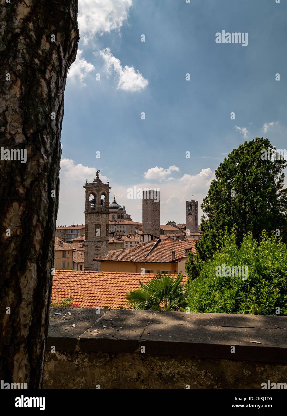 A vertical of medieval buildings in Bergamo Alta captured from Rocca ...