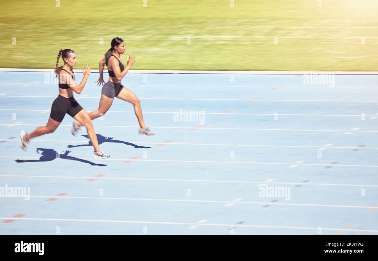 Sports race, running stadium and women with energy for sport event ...