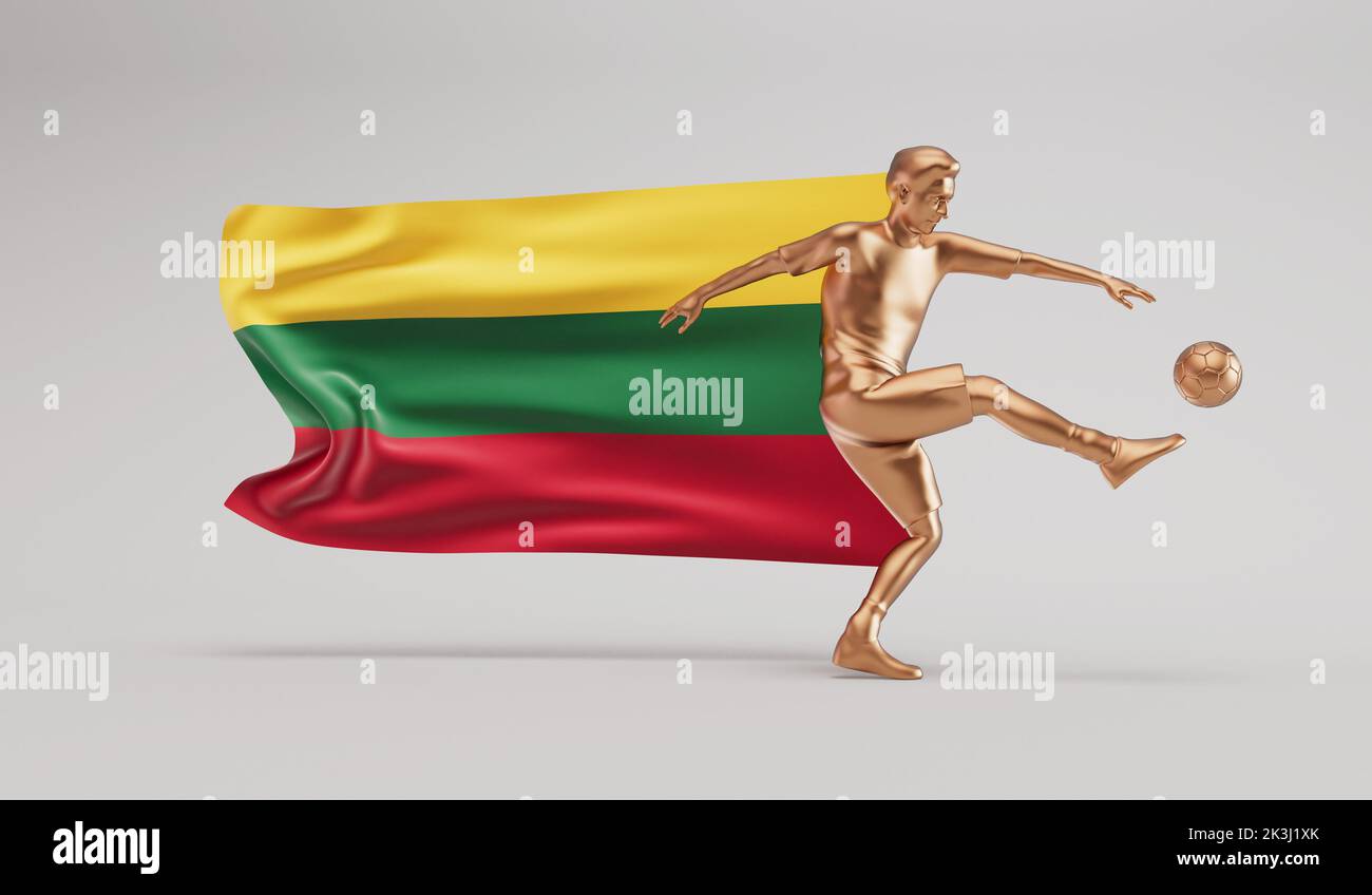 Golden soccer football player kicking a ball with lithuania waving flag ...