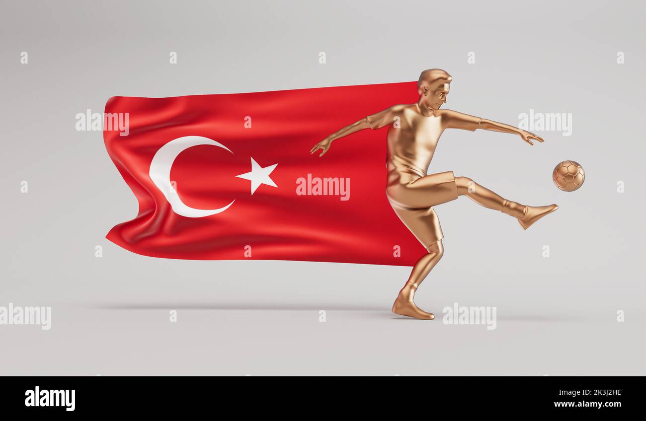 Golden soccer football player kicking a ball with turkey waving flag ...