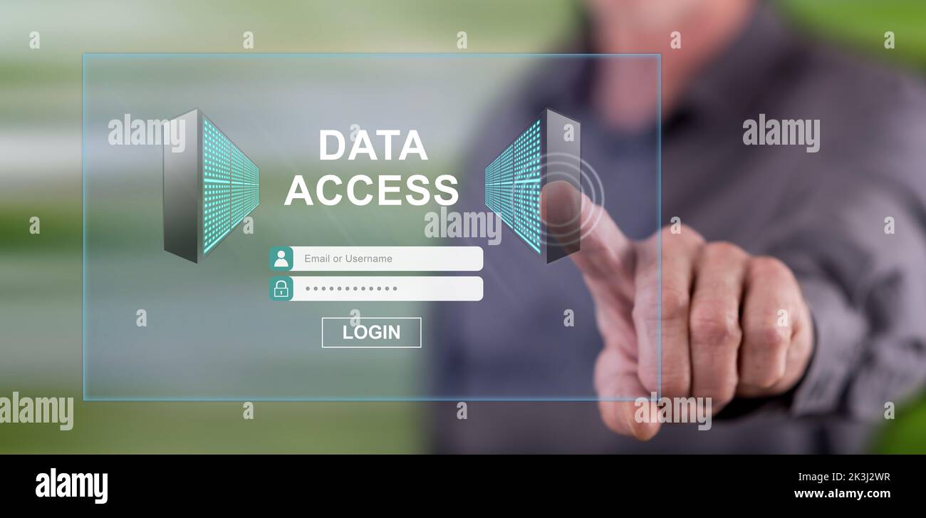 Man touching a data access concept on a touch screen with his finger ...