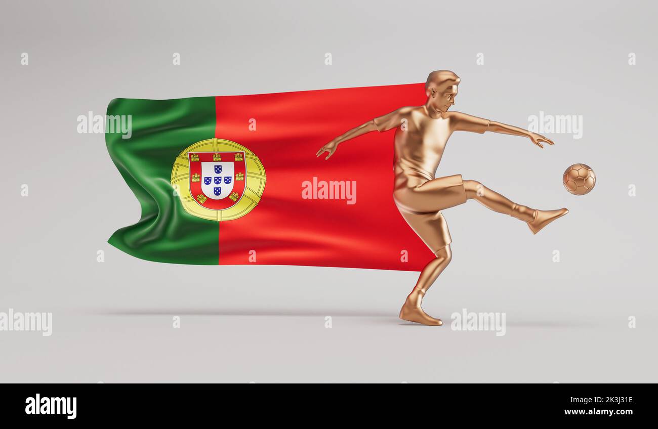 Golden soccer football player kicking a ball with portugal waving flag ...