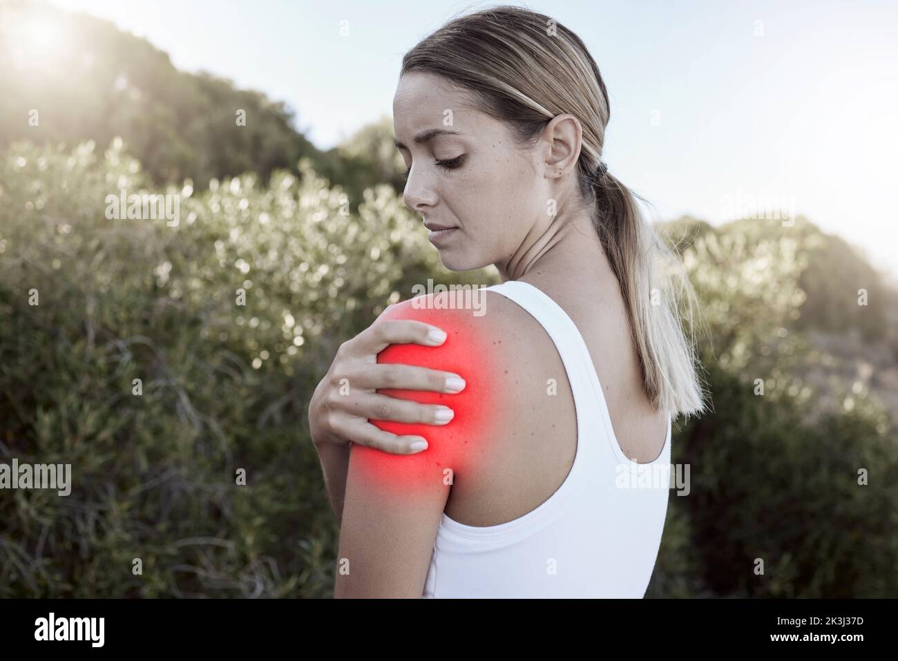 Fitness, woman and shoulder injury, pain or joint inflammation holding ...