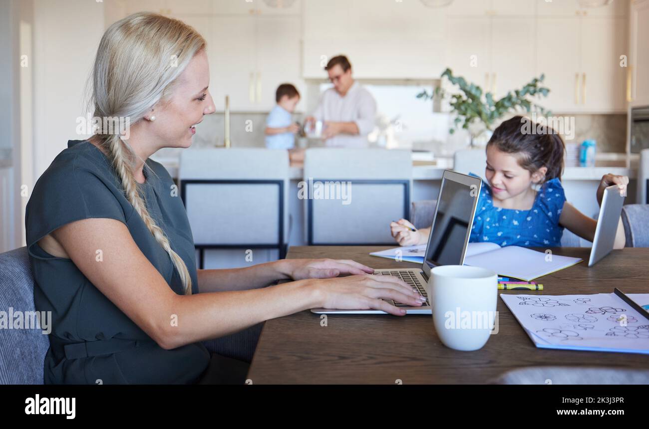 Family, children and education with a business woman working from home ...