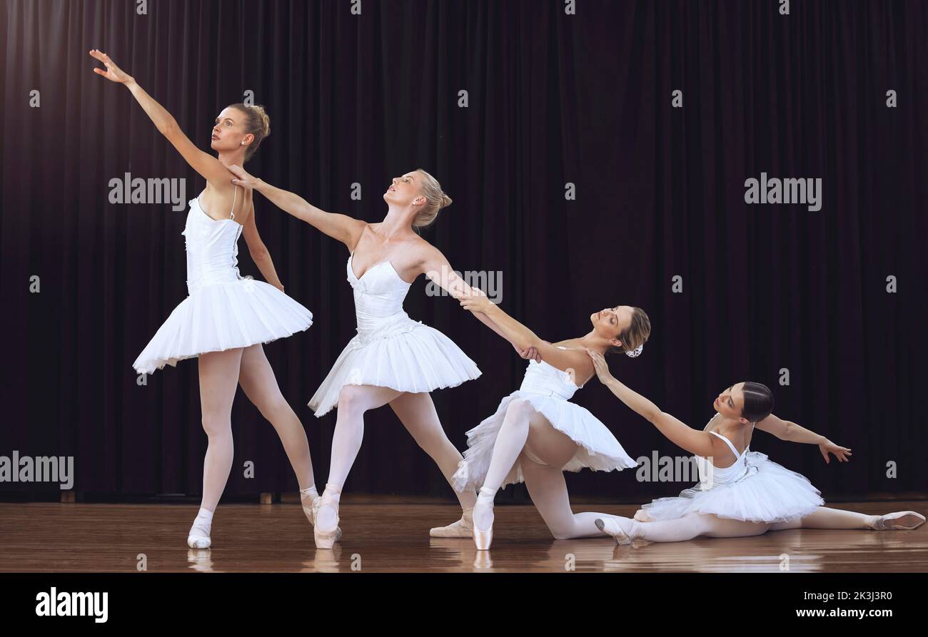 Ballet, dancing and group stage performance at an art theatre with ...