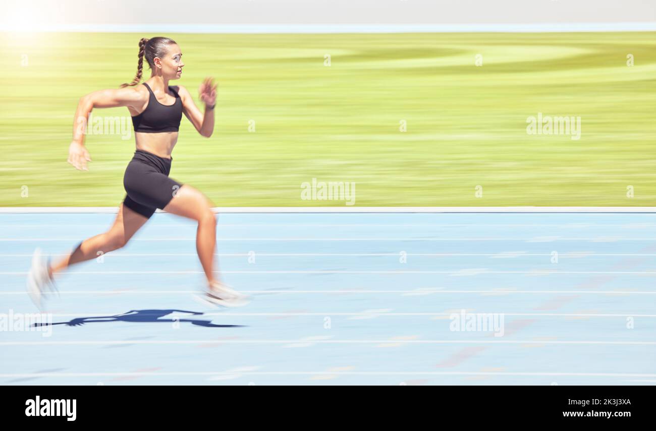 Runner woman and marathon training on stadium track for athlete ...