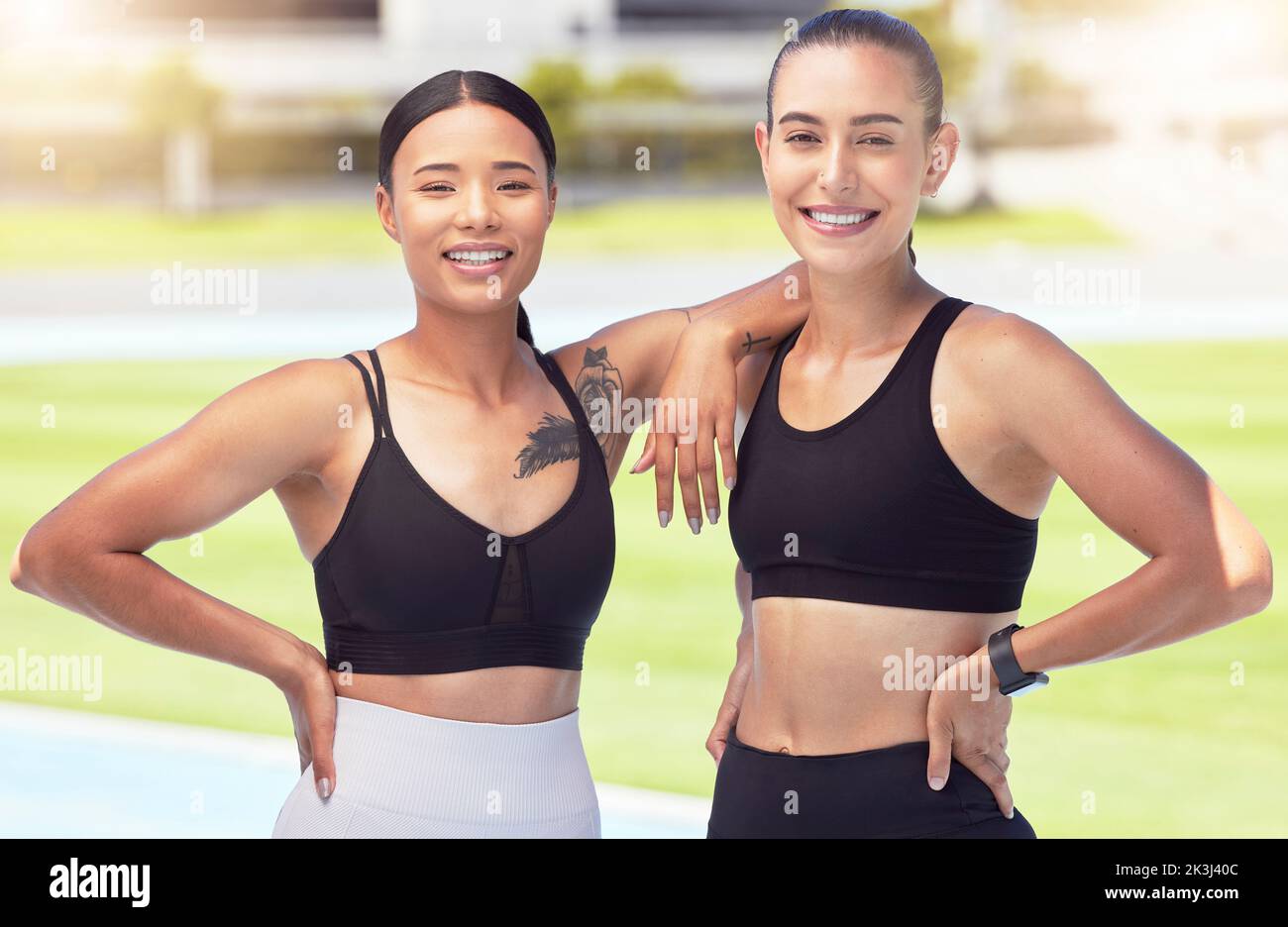 Athlete fitness, workout and exercise friends outdoor on a sports track ...