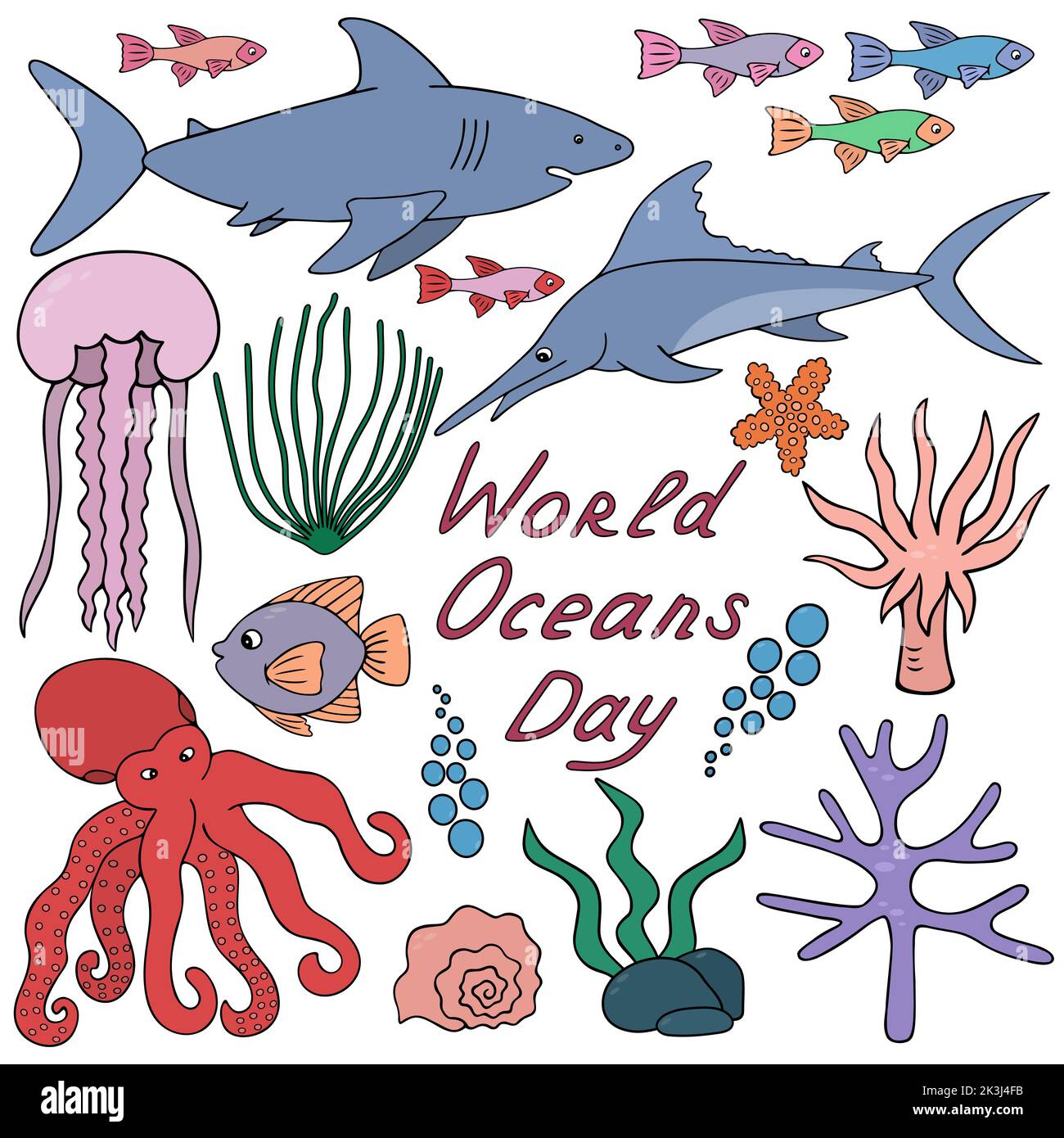 Sea creatures. Color vector illustration collection. Ocean dwellers ...