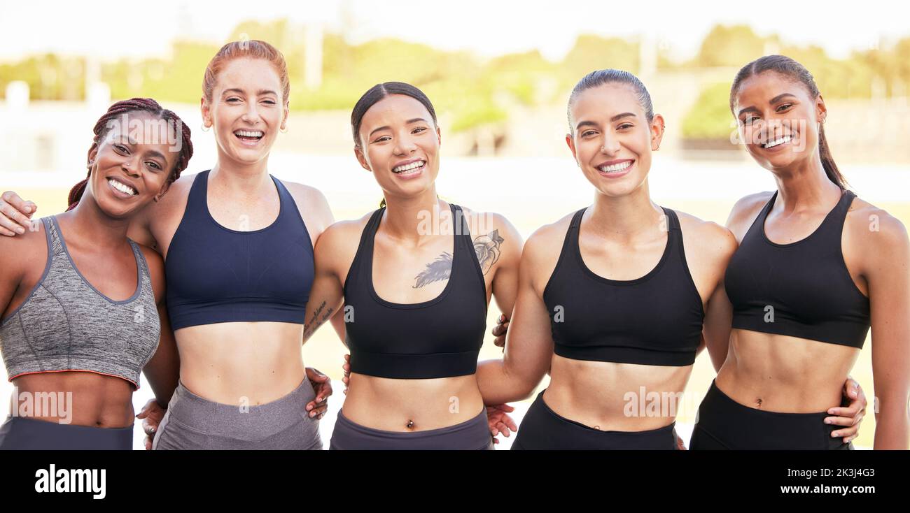Fitness, portrait and happy running team on a runners racetrack for ...
