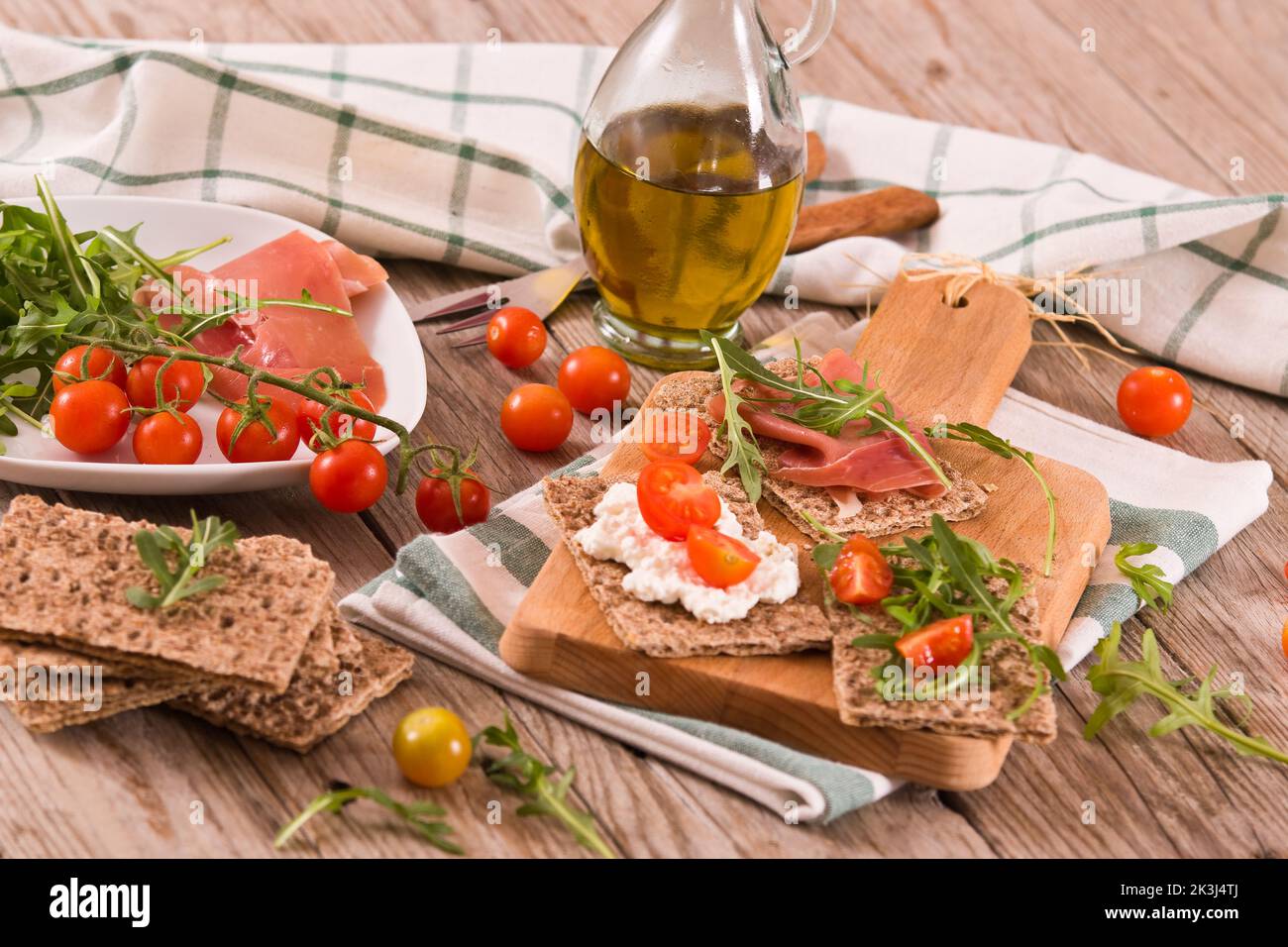 Crispy rye bread with sesame seeds, ham and cottage cheese Stock Photo ...