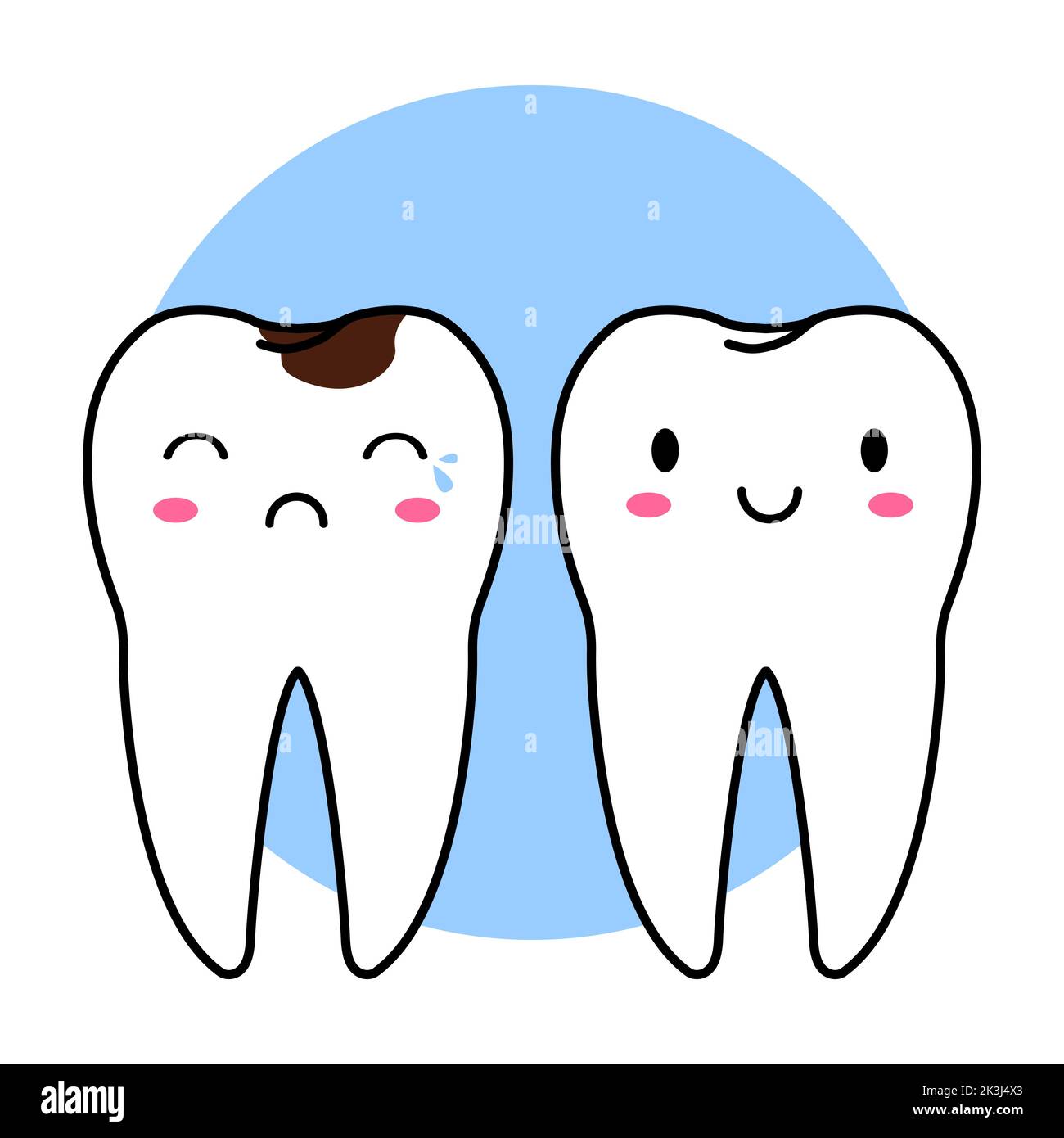 Cartoon flat illustration of smiling white tooth and crying teeth with caries. Cute baby kawaii ...