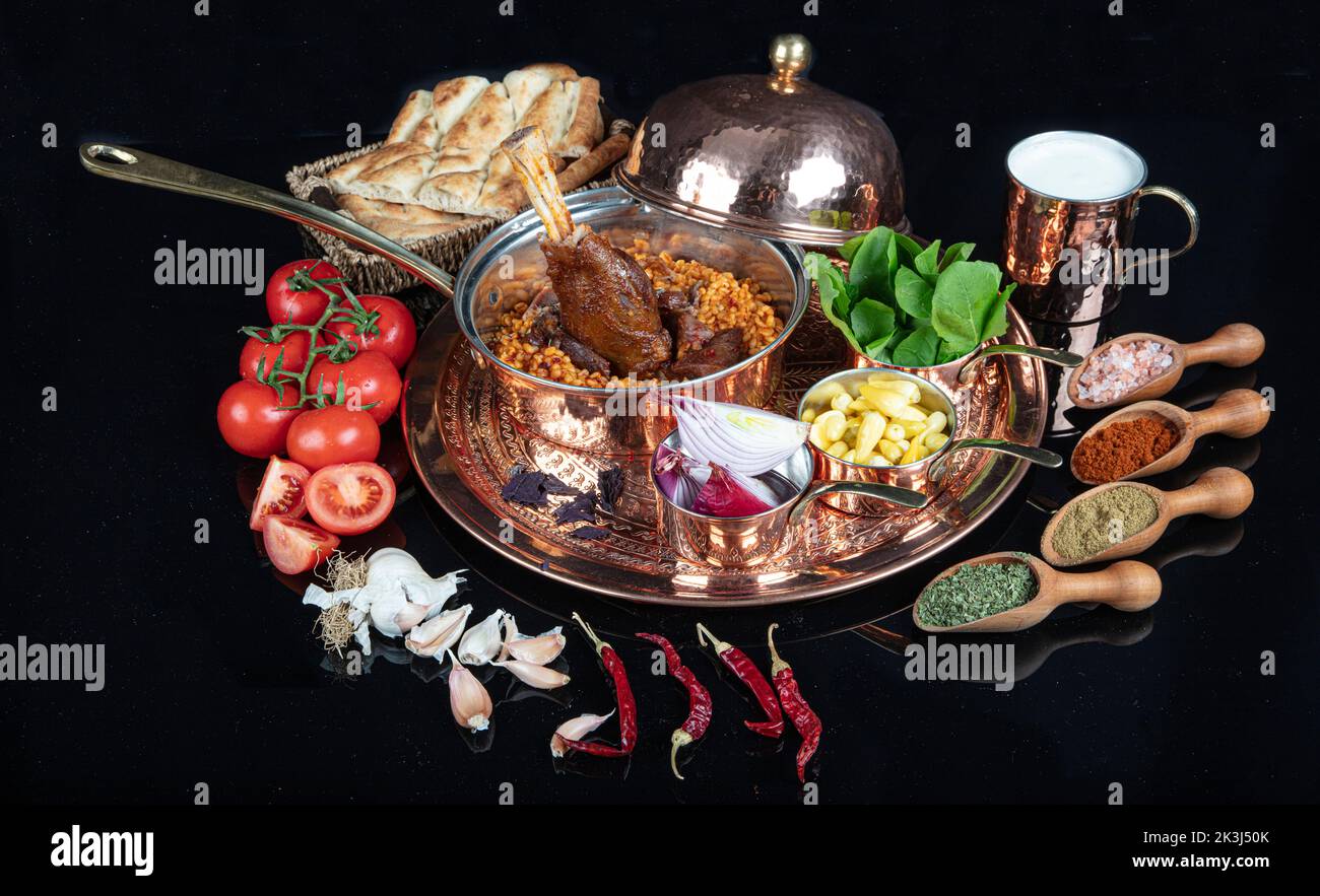Traditional Turkish Food Lamb shank and rice. Slow cooked lamb shank ...