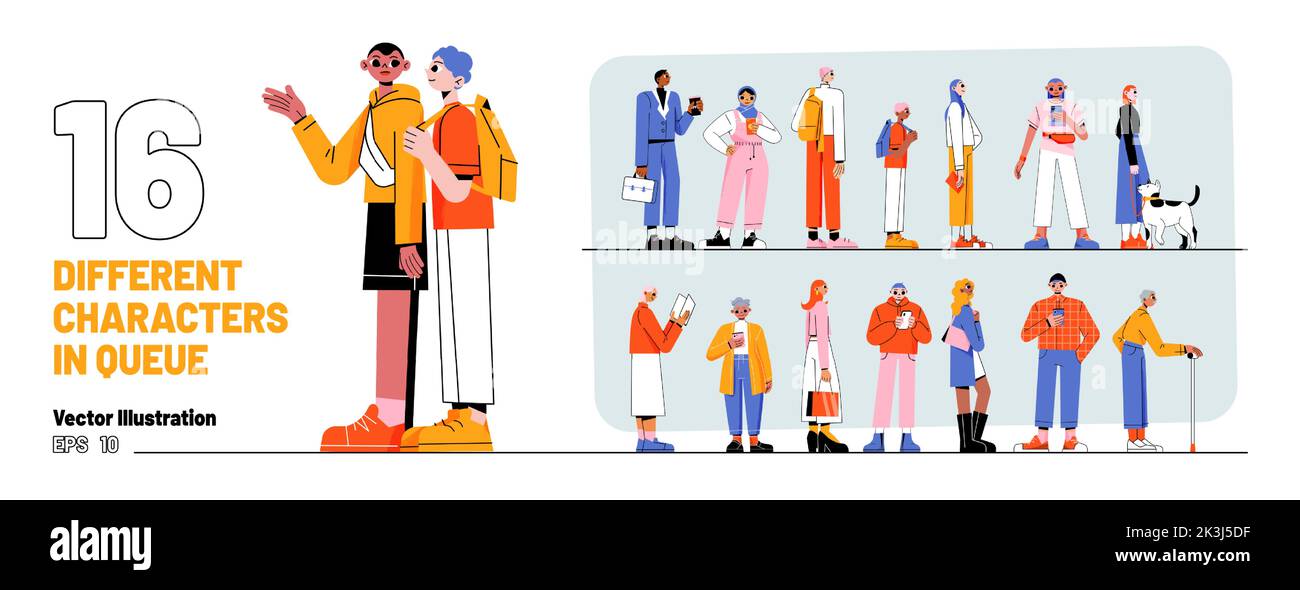 Set of different characters in queue, people stand in line. Multiracial ...