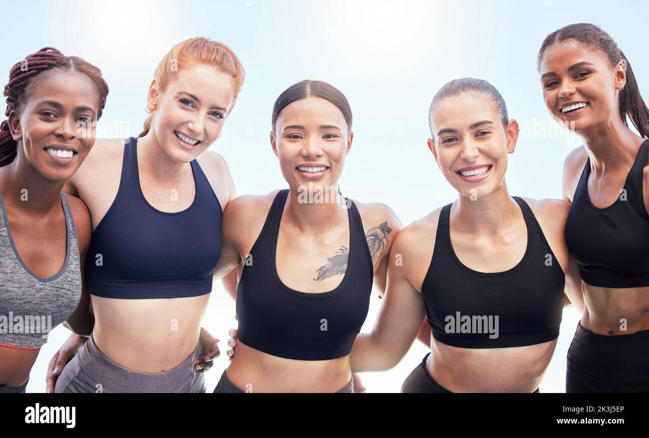 Sports, exercise and fitness with woman friends outdoor for training ...