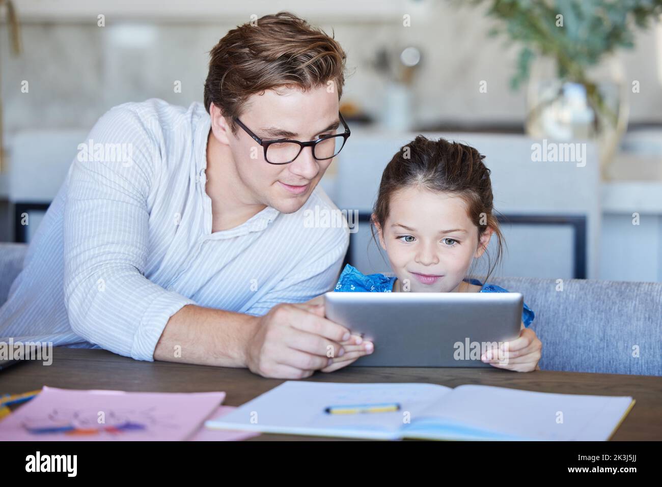 Education, learning and father and child on digital tablet, distance ...