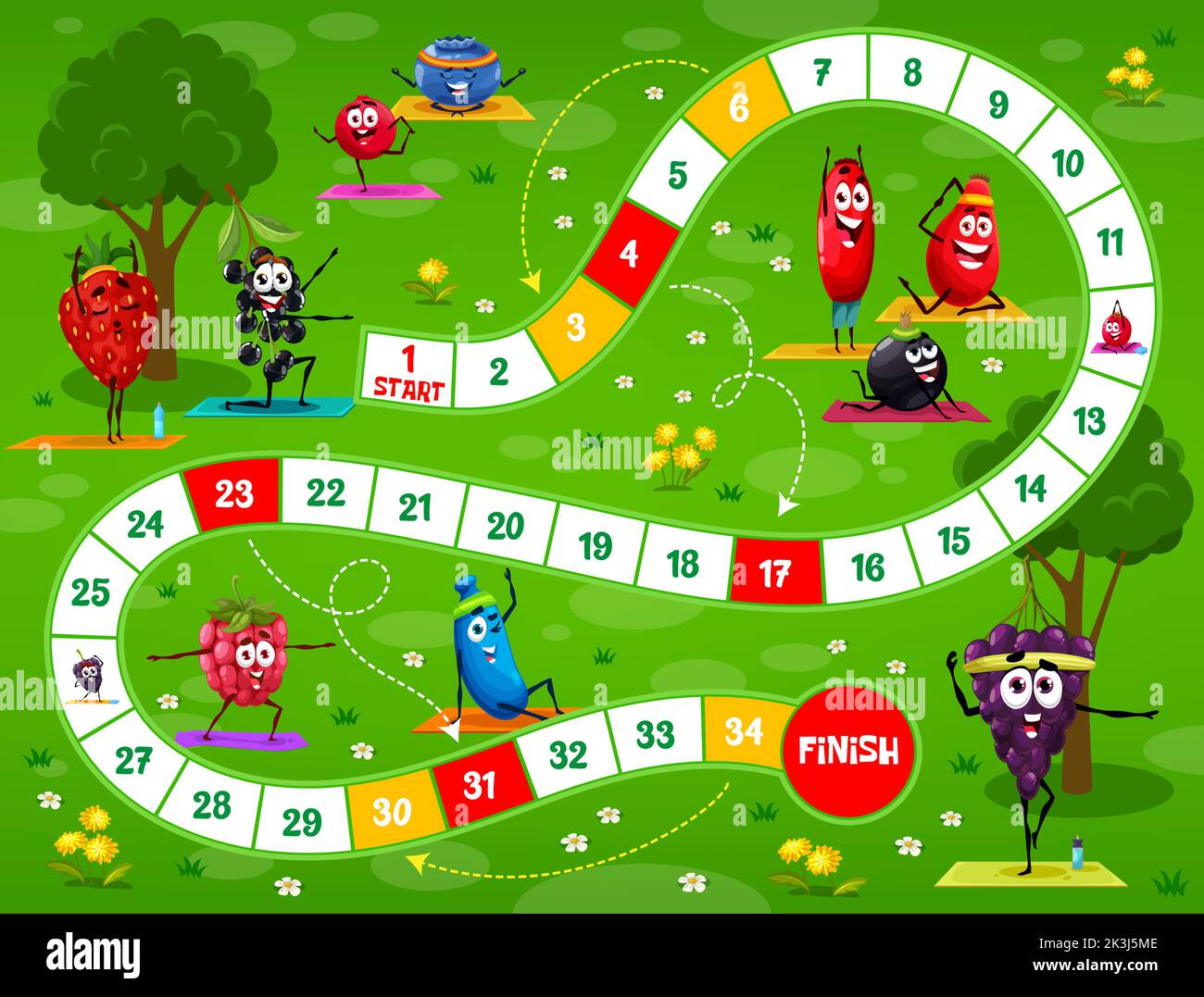 Kids board game. Cartoon berry characters on yoga fitness. Dice game ...