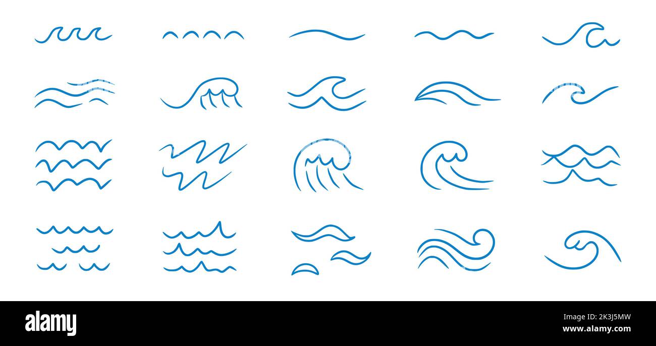 Wave sea line doodle icon set. Hand drawn sketch water wave outline ...