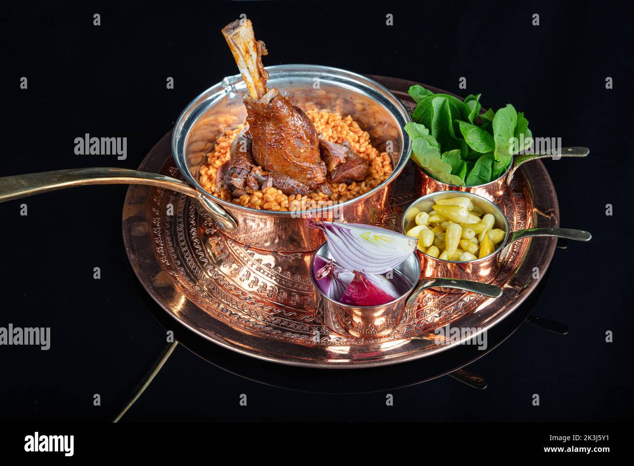 Traditional Turkish Food Lamb shank and rice. Slow cooked lamb shank ...