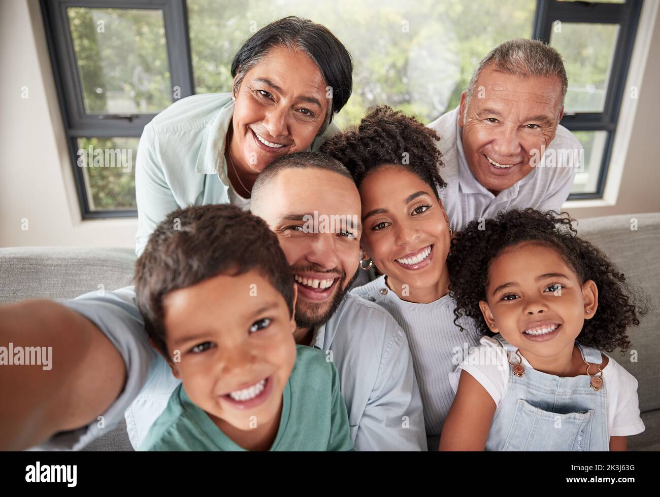 Selfie, family and children with kids, parents and grandparents taking ...