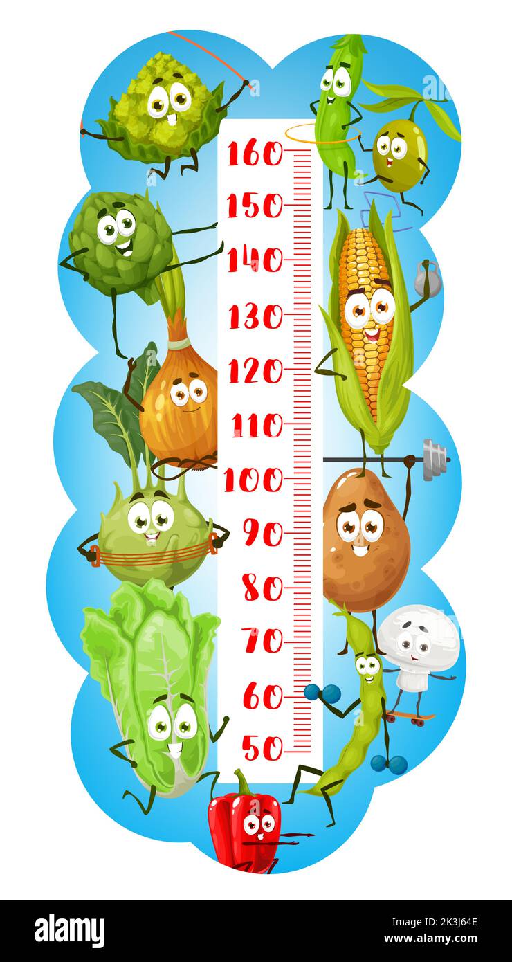 Cartoon farm vegetables sportsman characters, kids height chart ruler ...