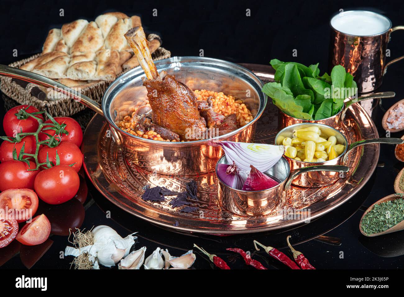Traditional Turkish Food Lamb shank and rice. Slow cooked lamb shank ...