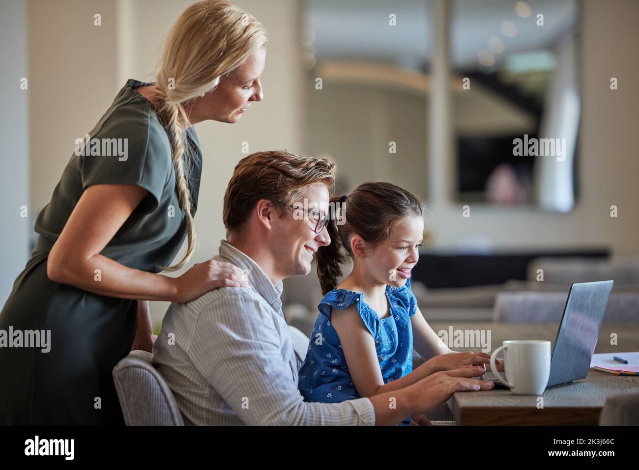 Elearning, laptop and family help child with education teaching and ...