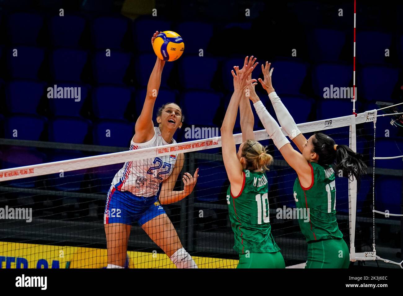 ARNHEM, NETHERLANDS - SEPTEMBER 26: Sara Lozo of Serbia spikes the ball ...