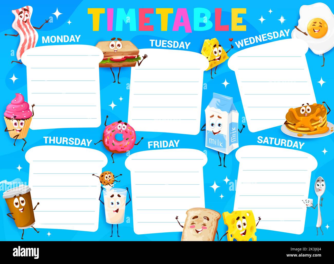 Education timetable schedule. Cartoon breakfast characters. School ...