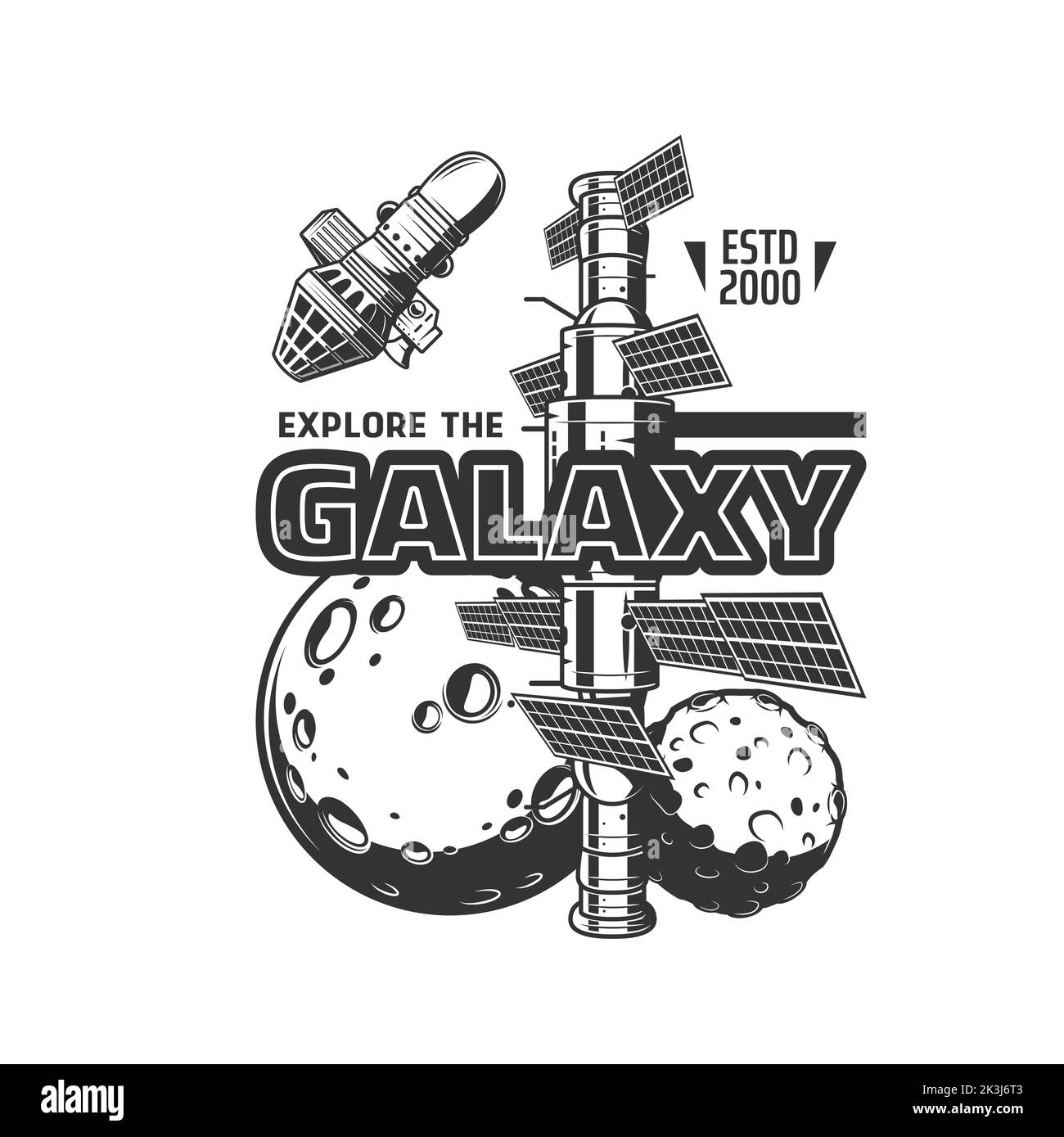 Galaxy Exploration Icon With Vector Space Planets Spaceship And Satellite Isolated Shuttle Or