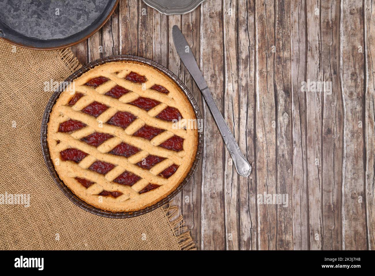 Top view of homemade pie called 'Linzer Torte', a traditional Austrian ...