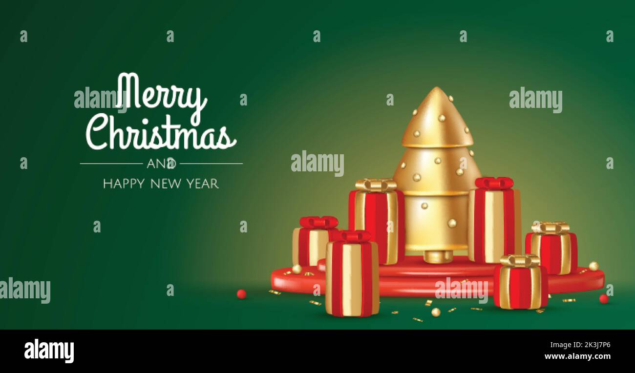 Christmas background. Design with realistic Christmas tree, gift box ...