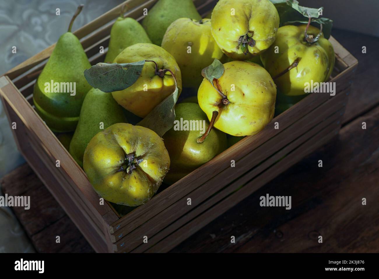 Quince fruit. Still life on a wooden background. Ripe quince fruits ...