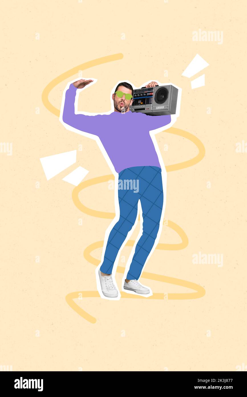 Creative trend collage of millennial young man holding old retro ...