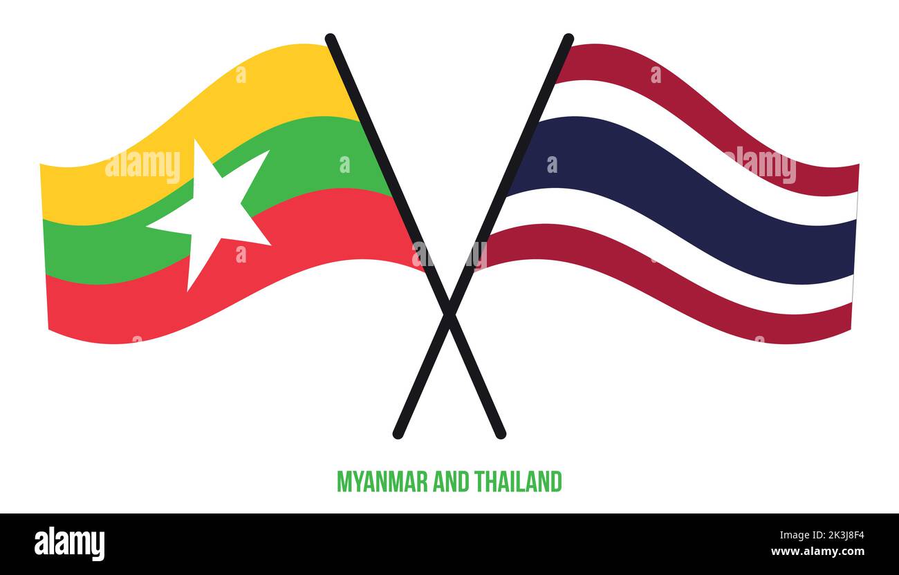 Myanmar and Thailand Flags Crossed And Waving Flat Style. Official ...