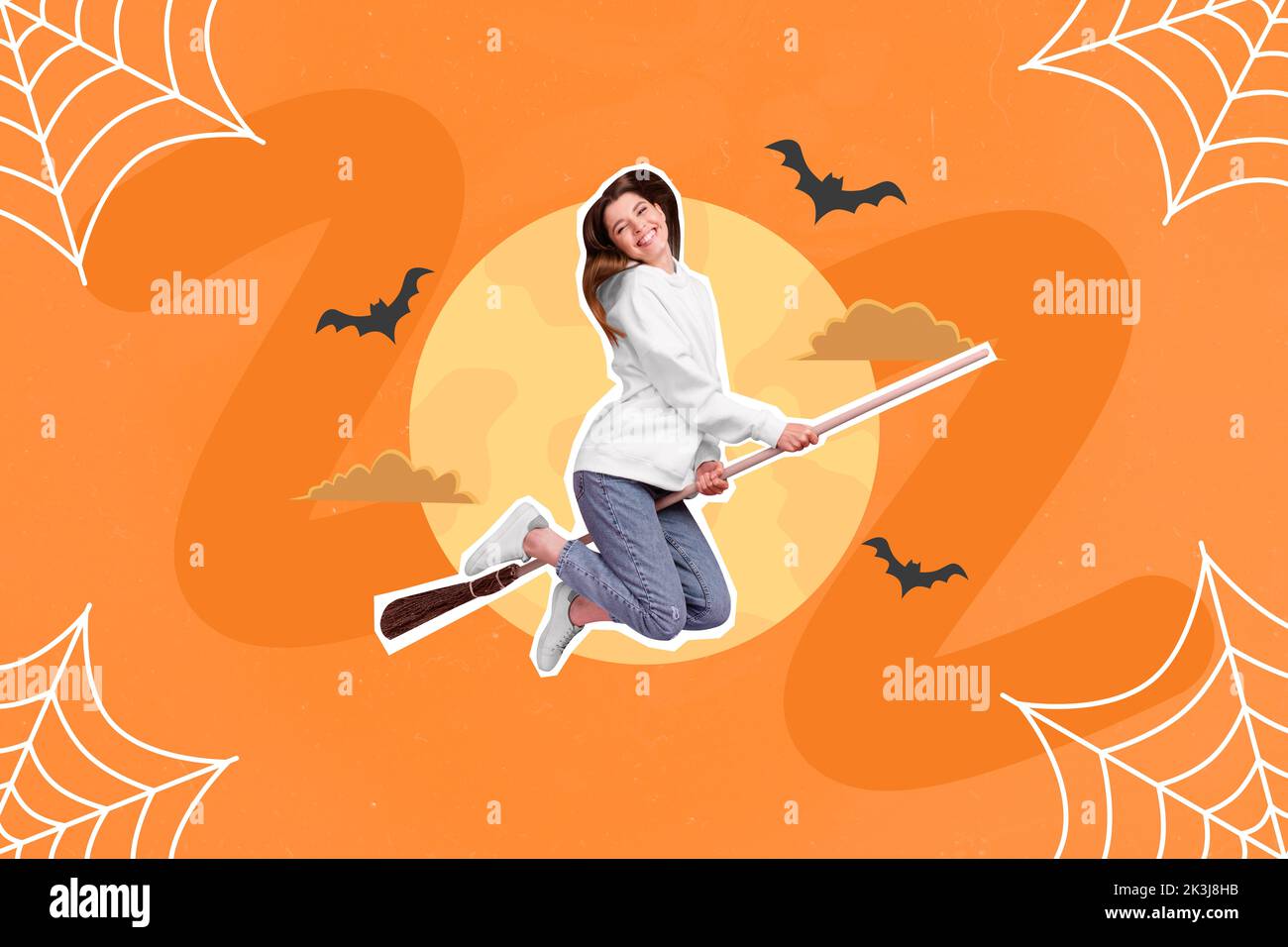 Composite collage image of funny funky happy young woman riding flying ...