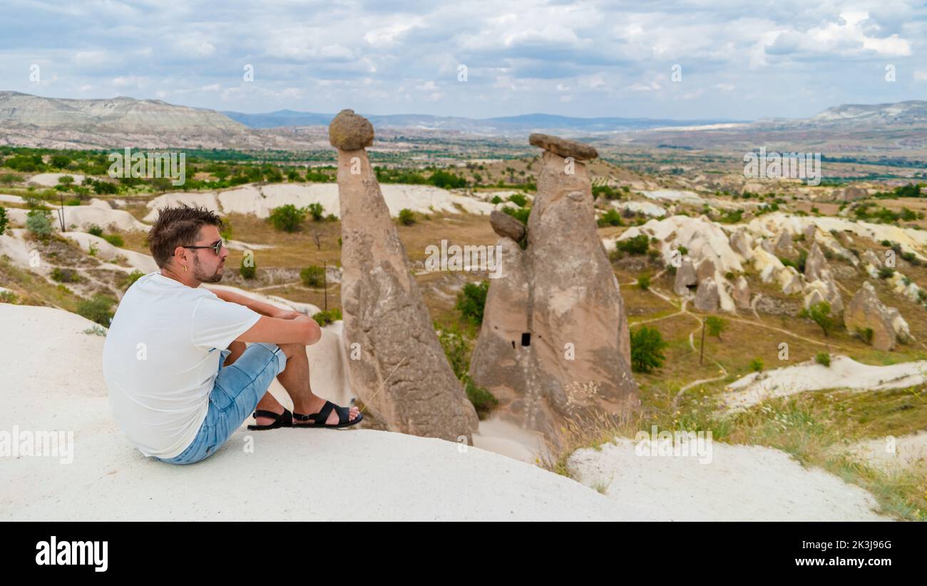 Pasabag Monks Valley happy young menon vacation in Turkey Cappadocia ...