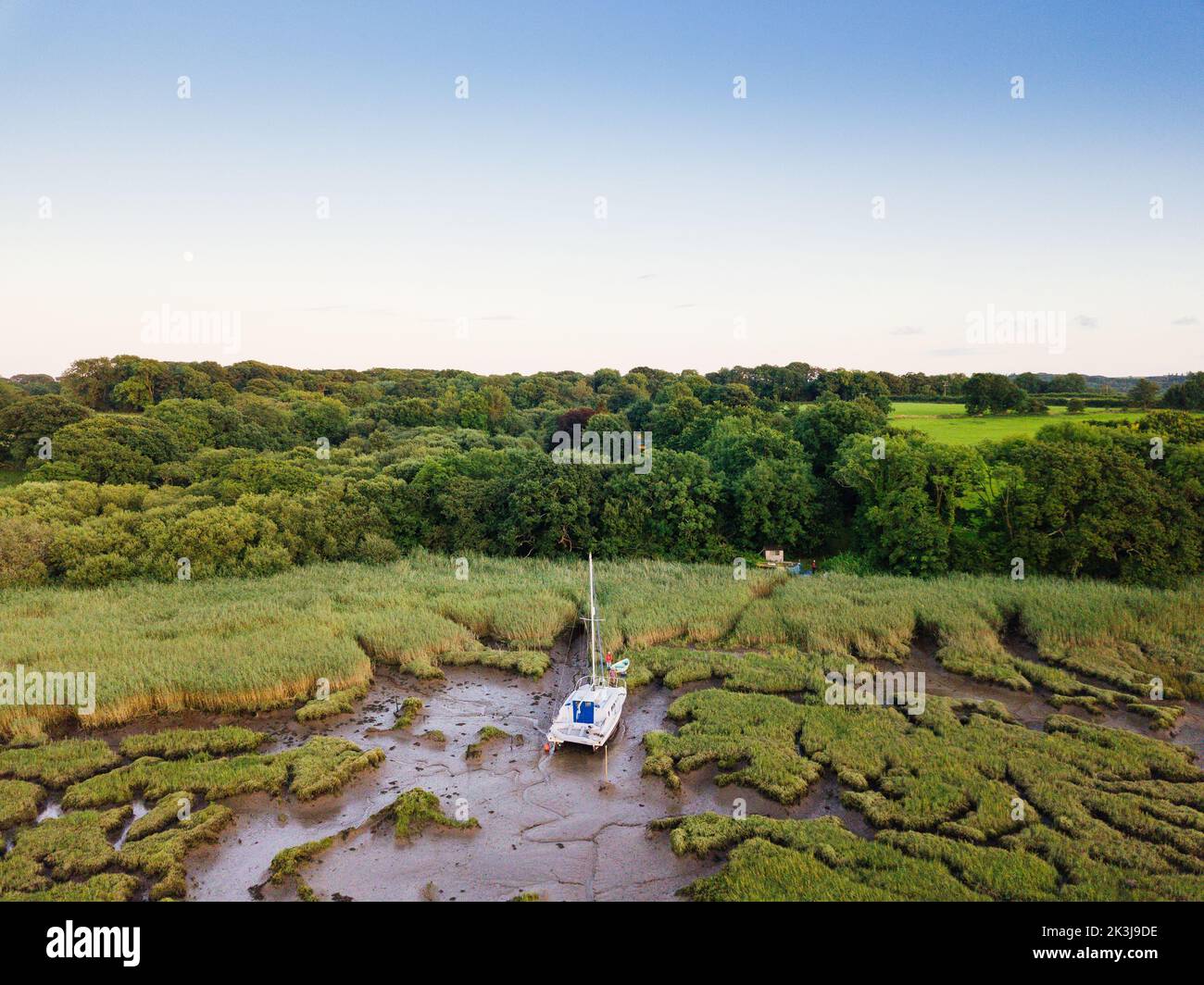 An aerial view of a catamaran sailing boat moored on a river bank Stock ...