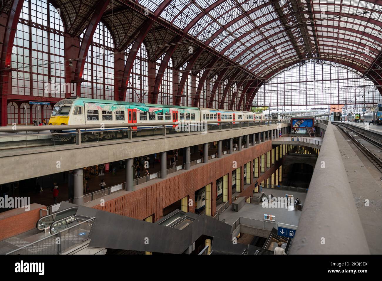 The interior of Antwerp train station, train operated by Belgian ...