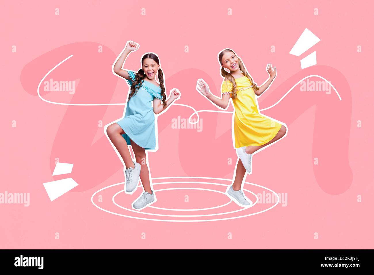 Creative poster collage of active small two children girls dresses ...