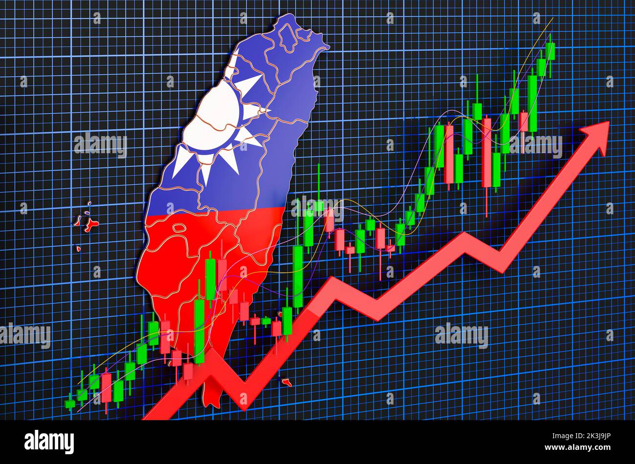 Economic growth in Taiwan, uptrend market, concept. 3D rendering on ...