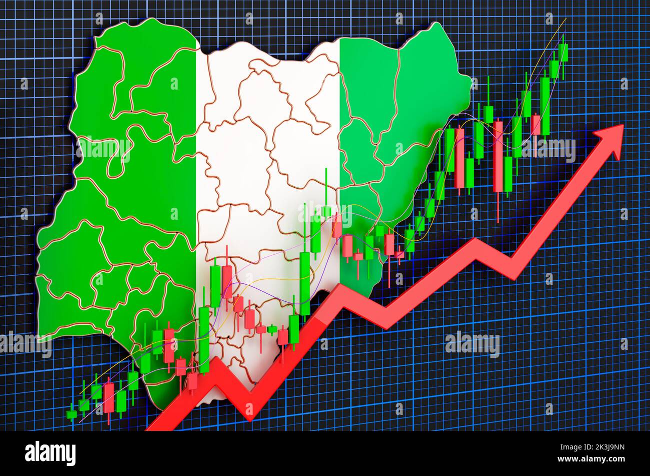 Economic growth in Nigeria, uptrend market, concept. 3D rendering on ...