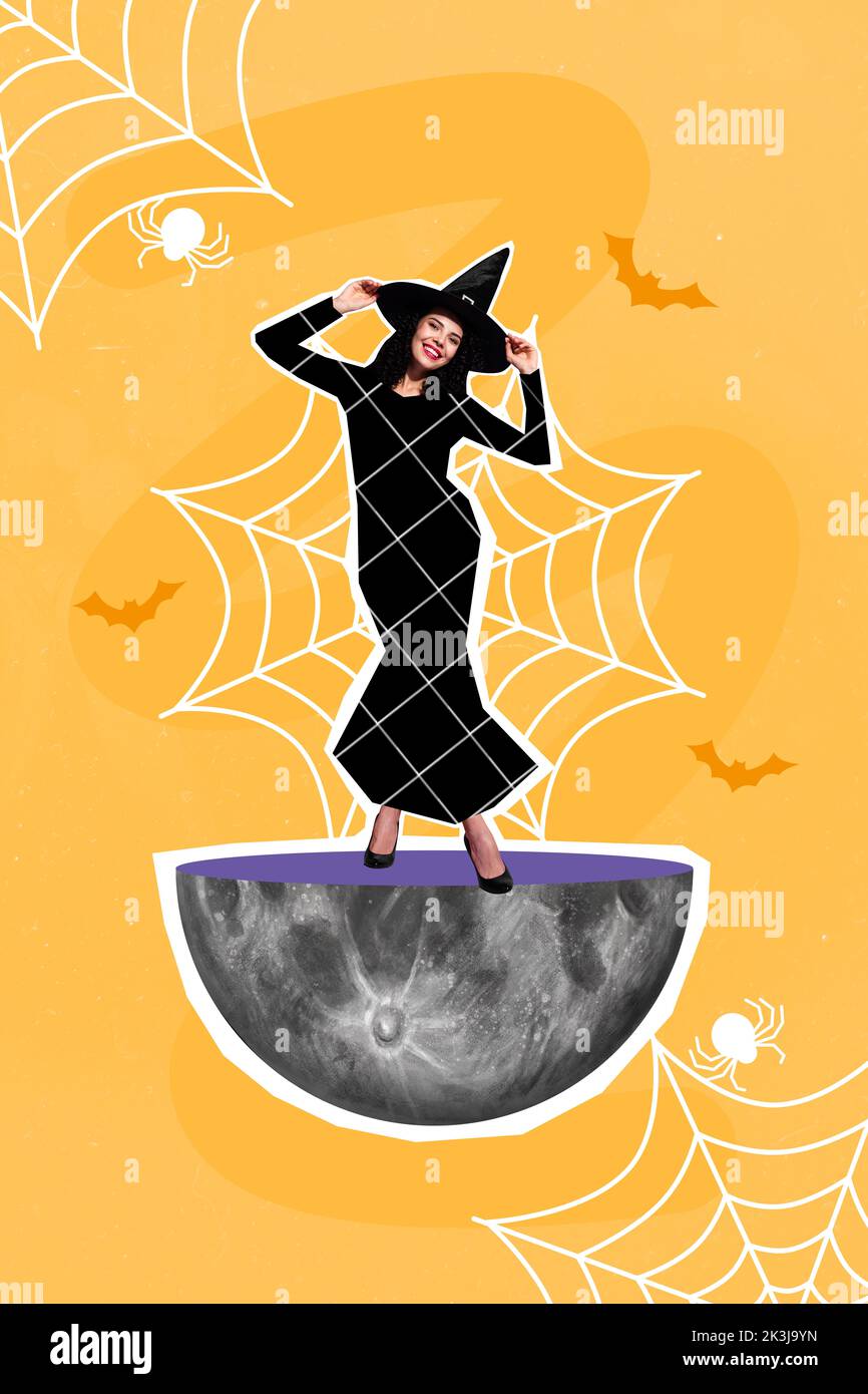 Poster collage of lady wizard stand on half sphere moon dressed theme ...