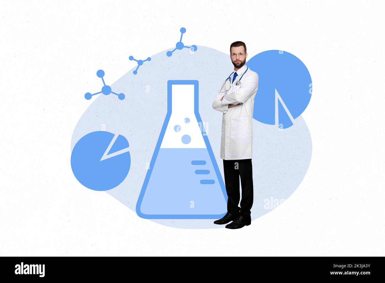 Poster collage of confident lab worker biologist stand on painted flask ...